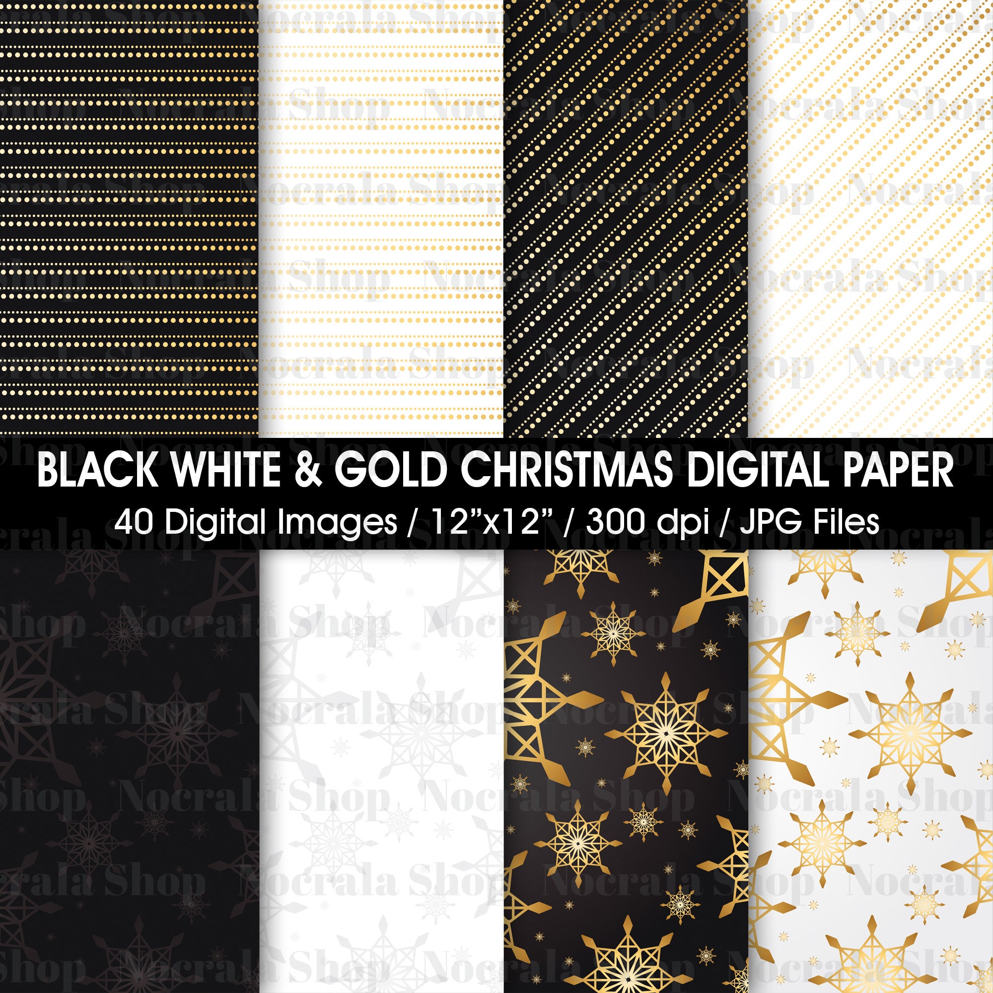 Black, White and Gold Christmas Digital Paper, Christmas Scrapbook ...
