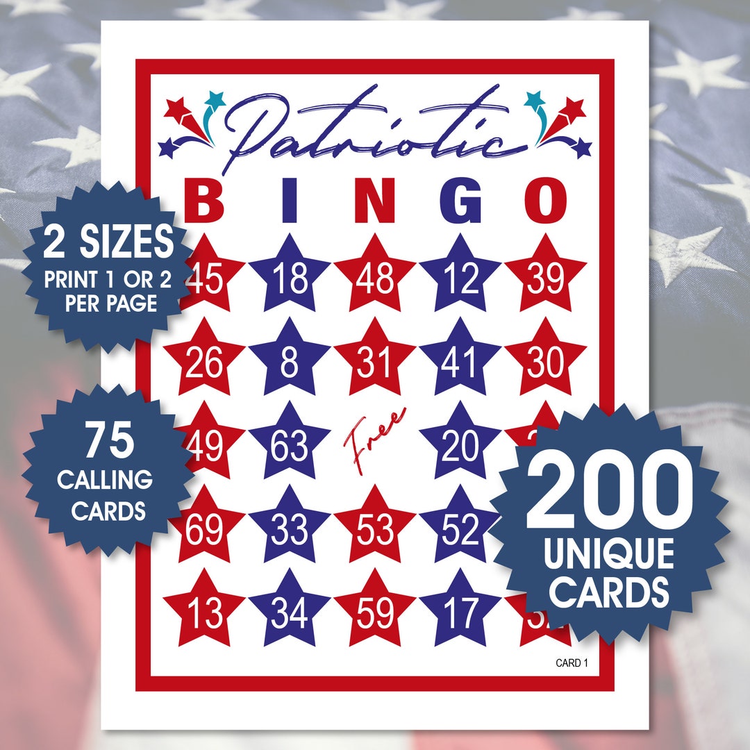 Patriotic Bingo Cards, 1 or 2 per Page, Fun Party Game, July 4th ...