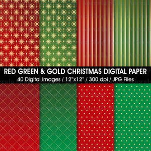 Red, Green and Gold Christmas Digital Paper, Christmas Scrapbook Papers ...