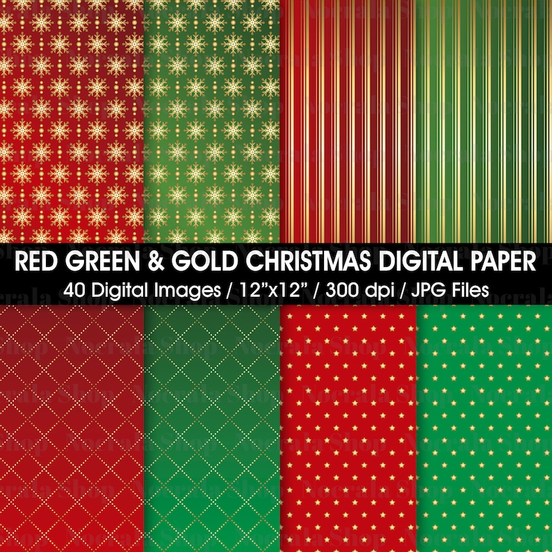 Red, Green and Gold Christmas Digital Paper, Christmas Scrapbook Papers ...