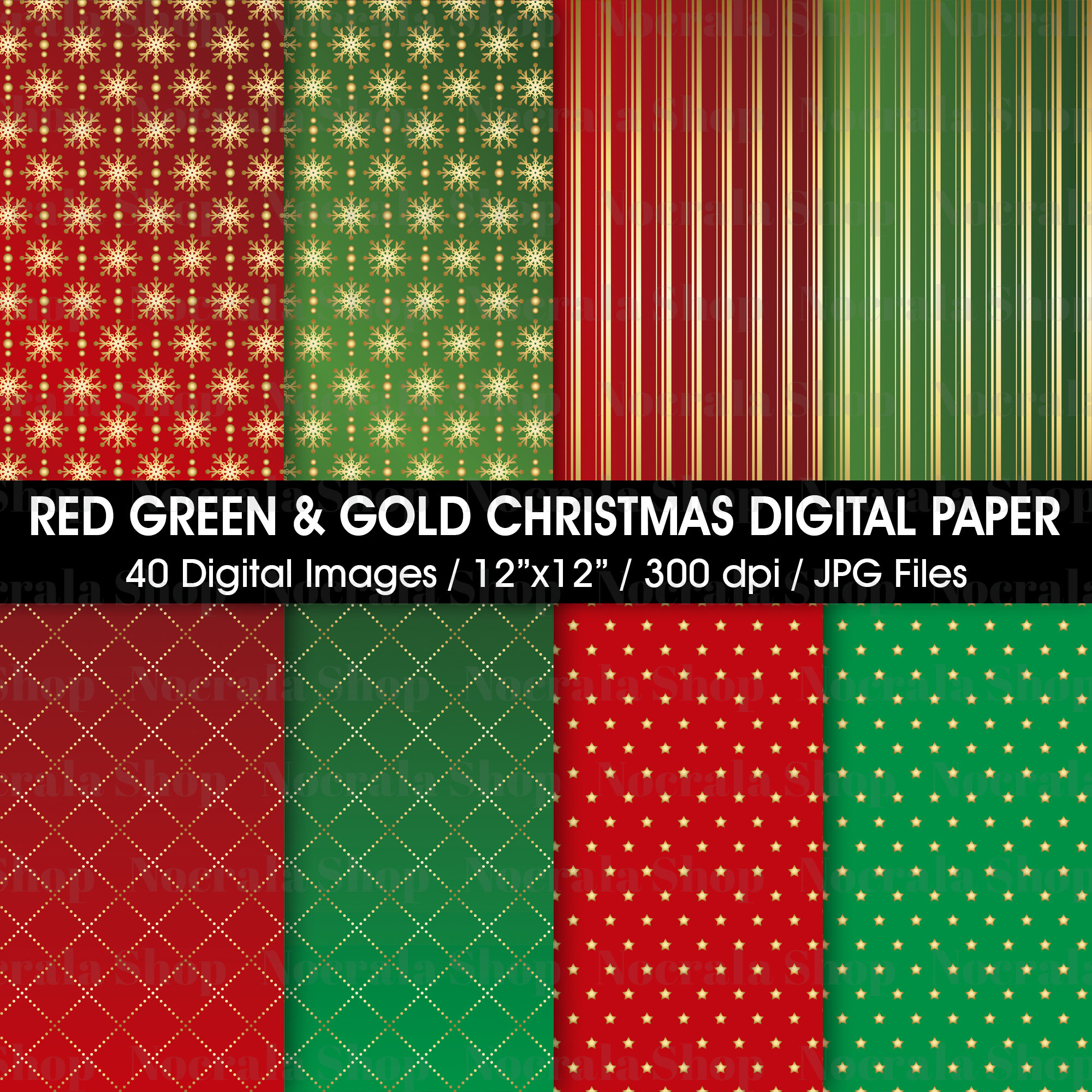 Red, Green and Gold Christmas Digital Paper, Christmas Scrapbook Papers ...