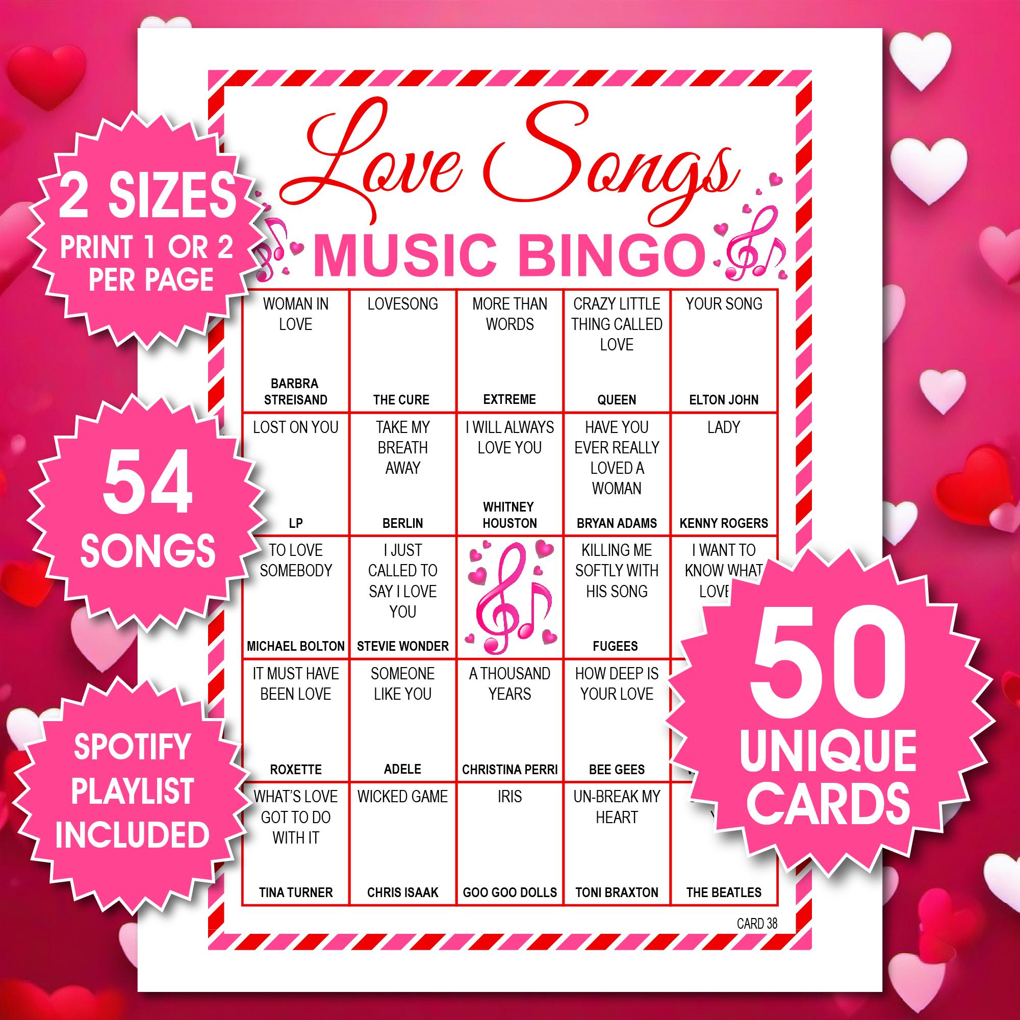 Love Songs Music Bingo, 50 Printable Love Pop Music Bingo Cards ...