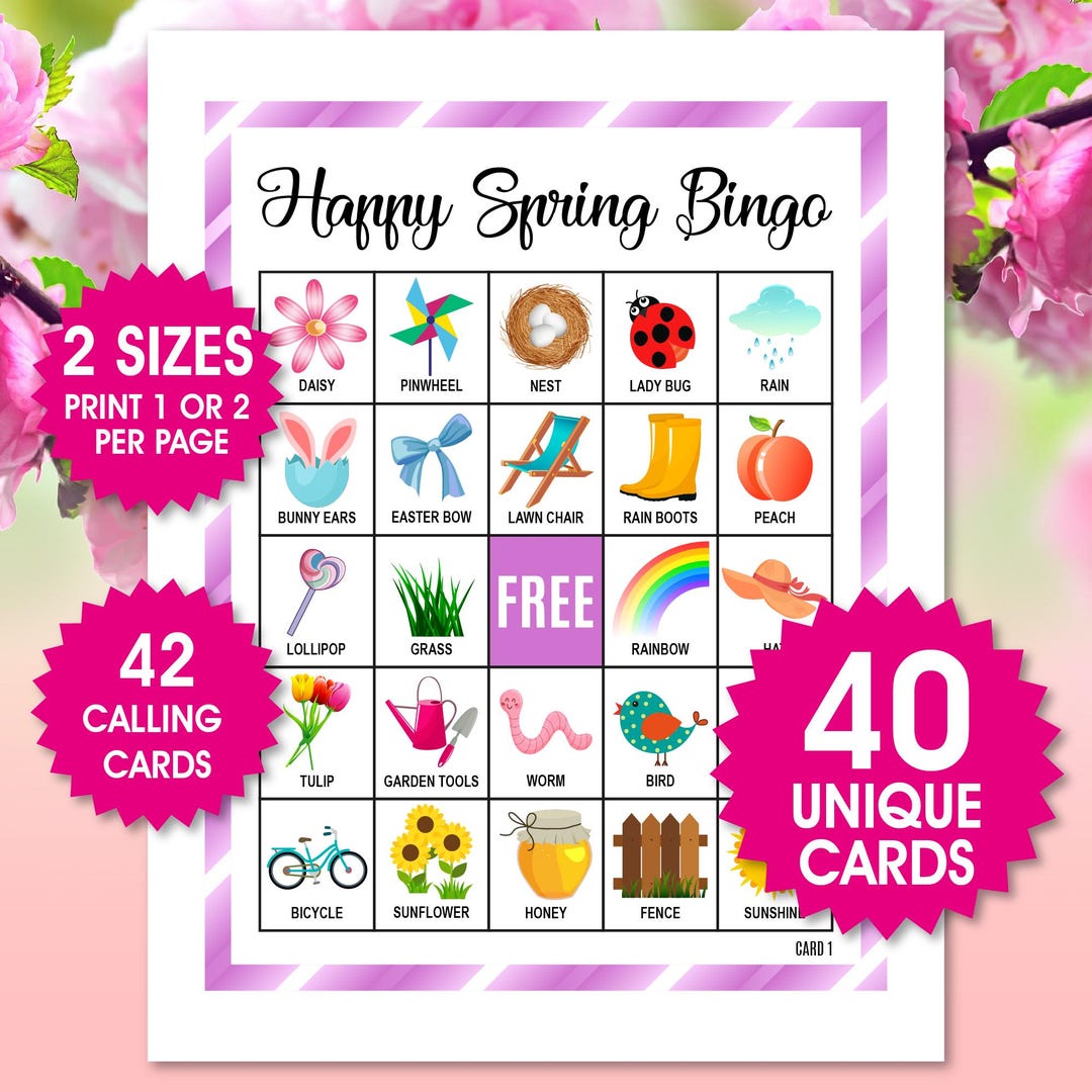 40 Spring Bingo Cards, 1 or 2 per Page, Spring Party Game, Spring Break ...