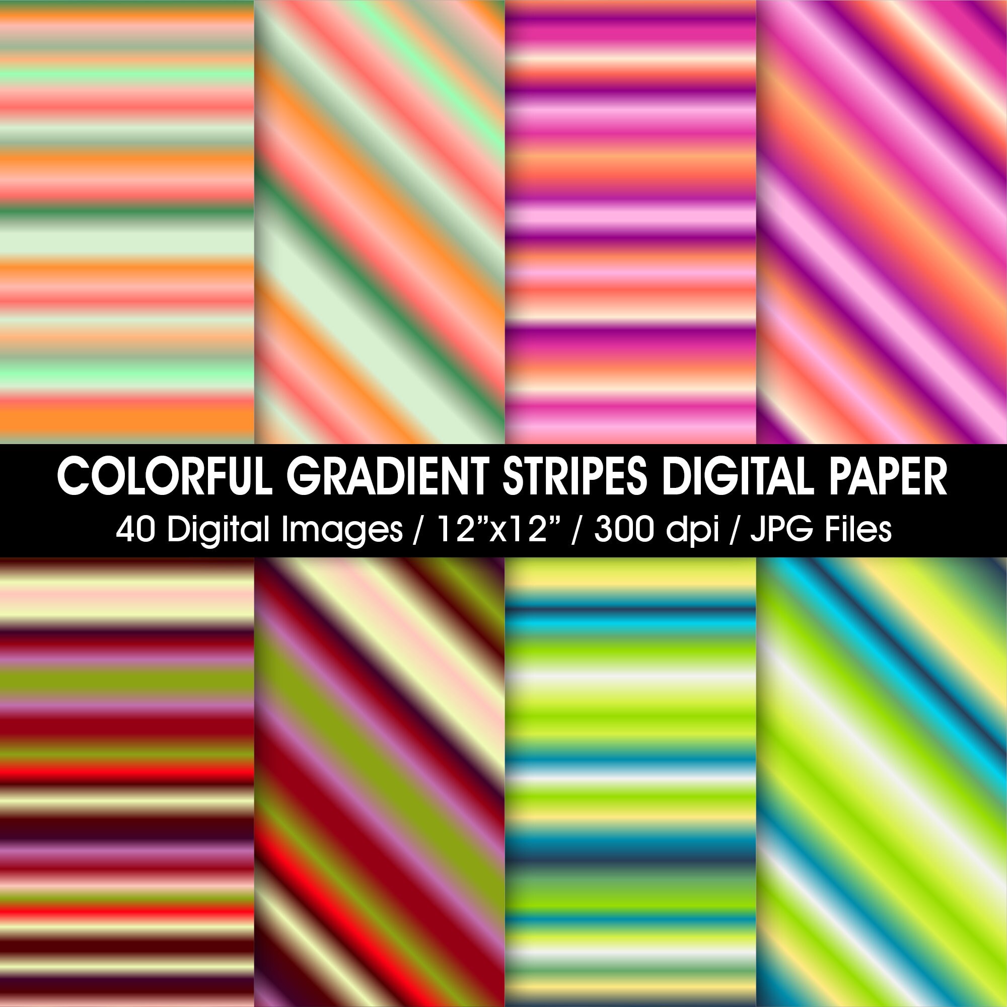 Colorful Gradient Stripes Digital Paper, Stripes Scrapbook Papers ...