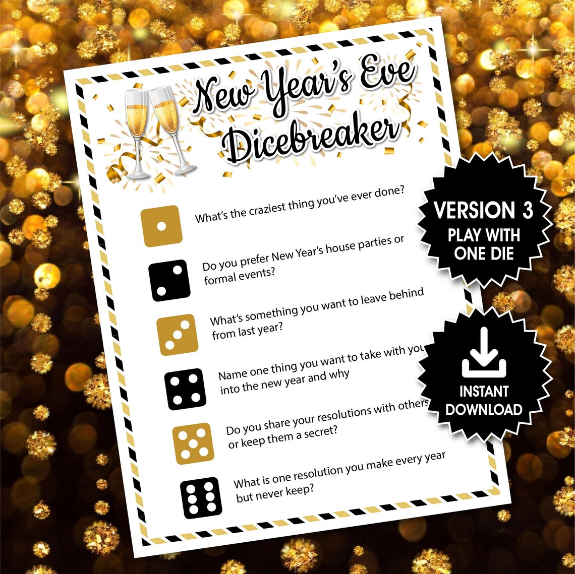 New Year's Eve Icebreaker Dice Game, Party Conversation Starters (PDF ...