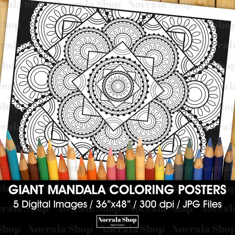 5 Giant Coloring Mandala Posters, Coloring Poster, Adult Coloring Page ...