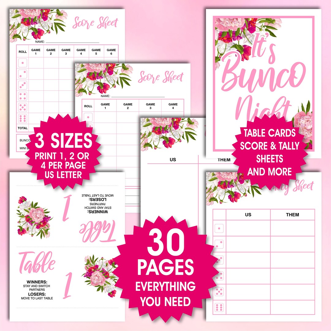 Pink Flowers BUNCO Bundle, Score Cards, Tally Sheets, Name Tags, Table ...