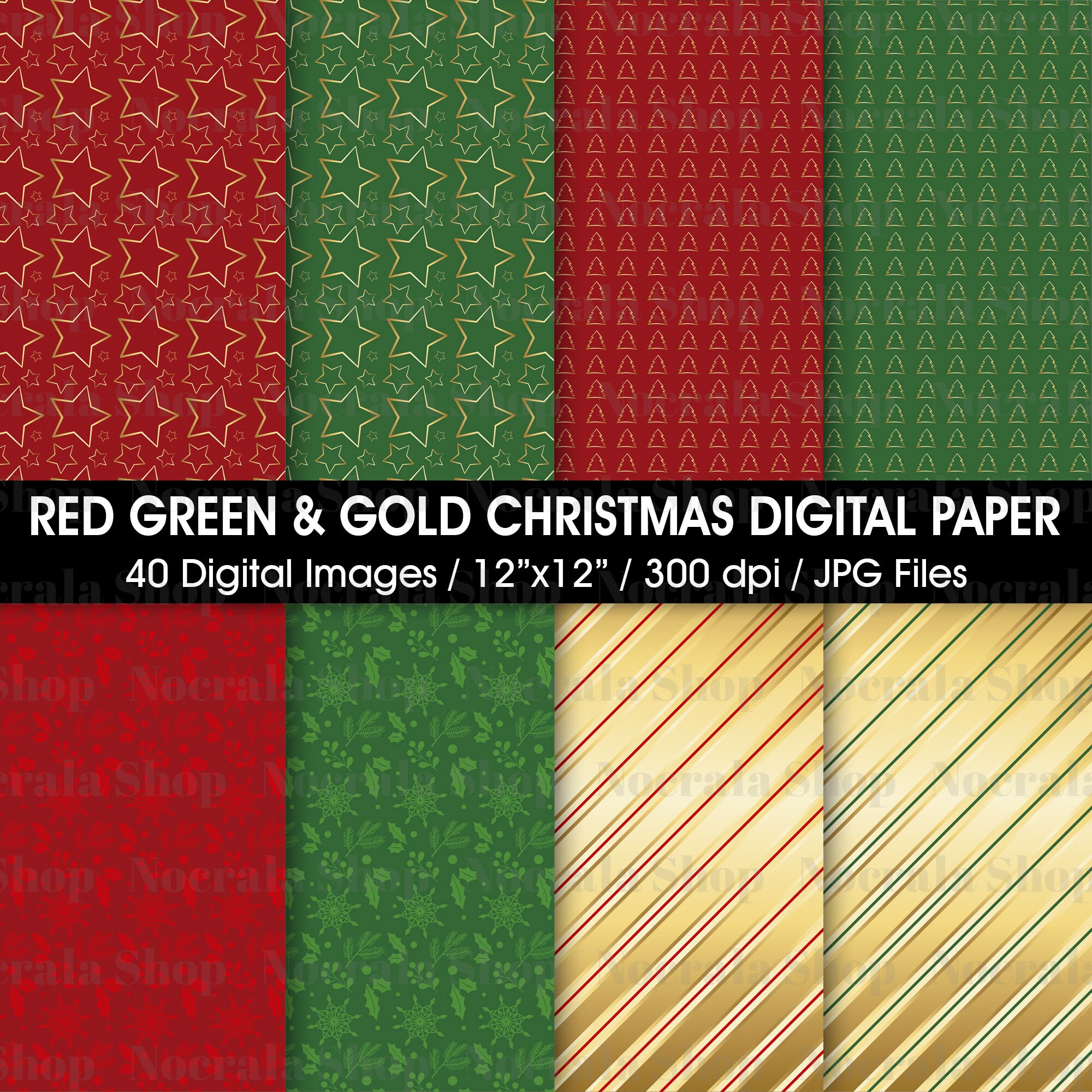 Red, Green and Gold Christmas Digital Paper, Christmas Scrapbook Papers ...