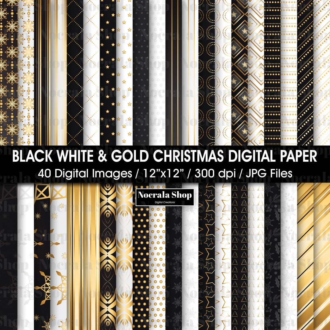 Black, White and Gold Christmas Digital Paper, Christmas Scrapbook ...