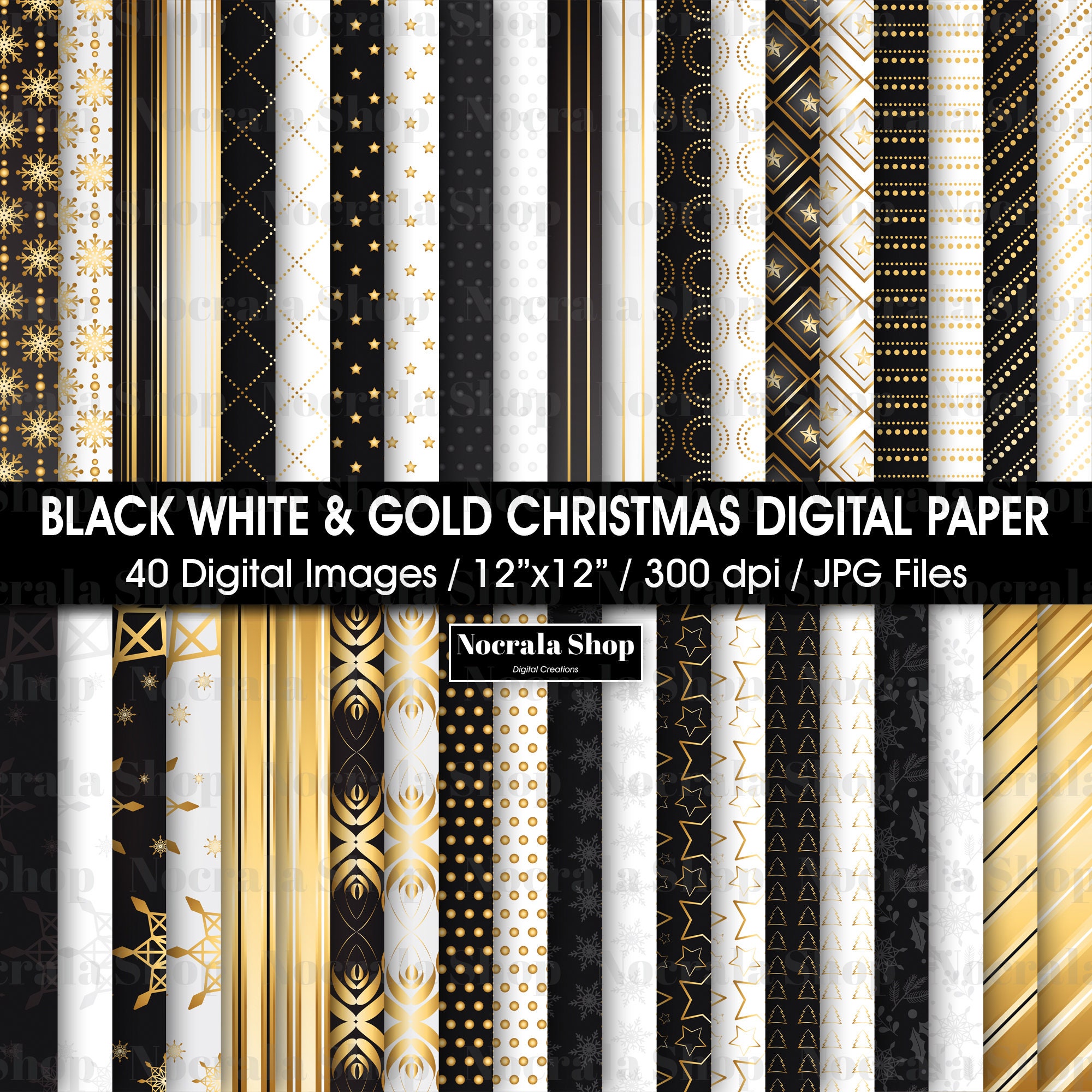 Black, White and Gold Christmas Digital Paper, Christmas Scrapbook ...