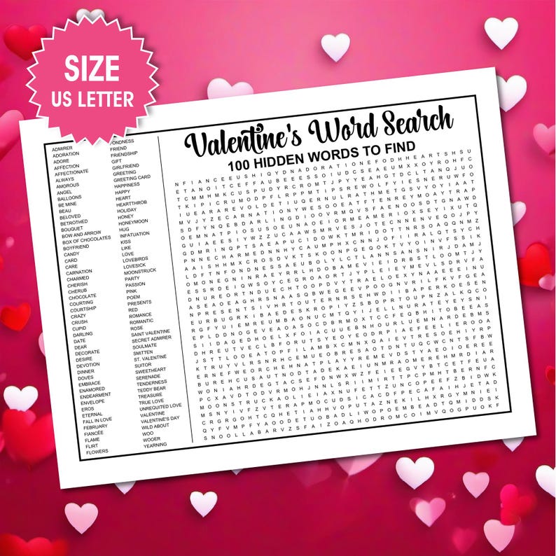 Valentine's Day Word Search Game - 100 Hidden Words - Printable ...