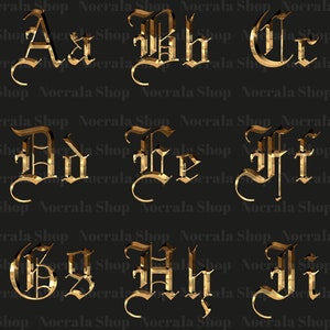 Gold Gothic Alphabet Clipart, PNG Digital Clip Art, Gold Gothic Letters ...