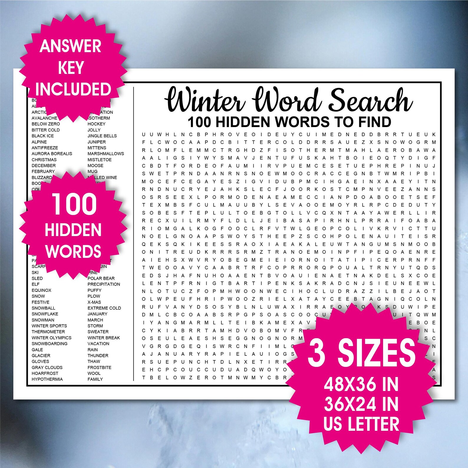 Giant Winter Word Search, Winter Fun Game, Printable Winter Word Search ...
