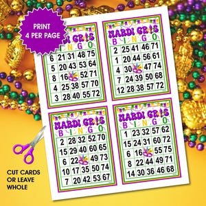 100 Mardi Gras Bingo Cards, 1, 2 or 4 per Page, Mardi Gras Bingo Game ...