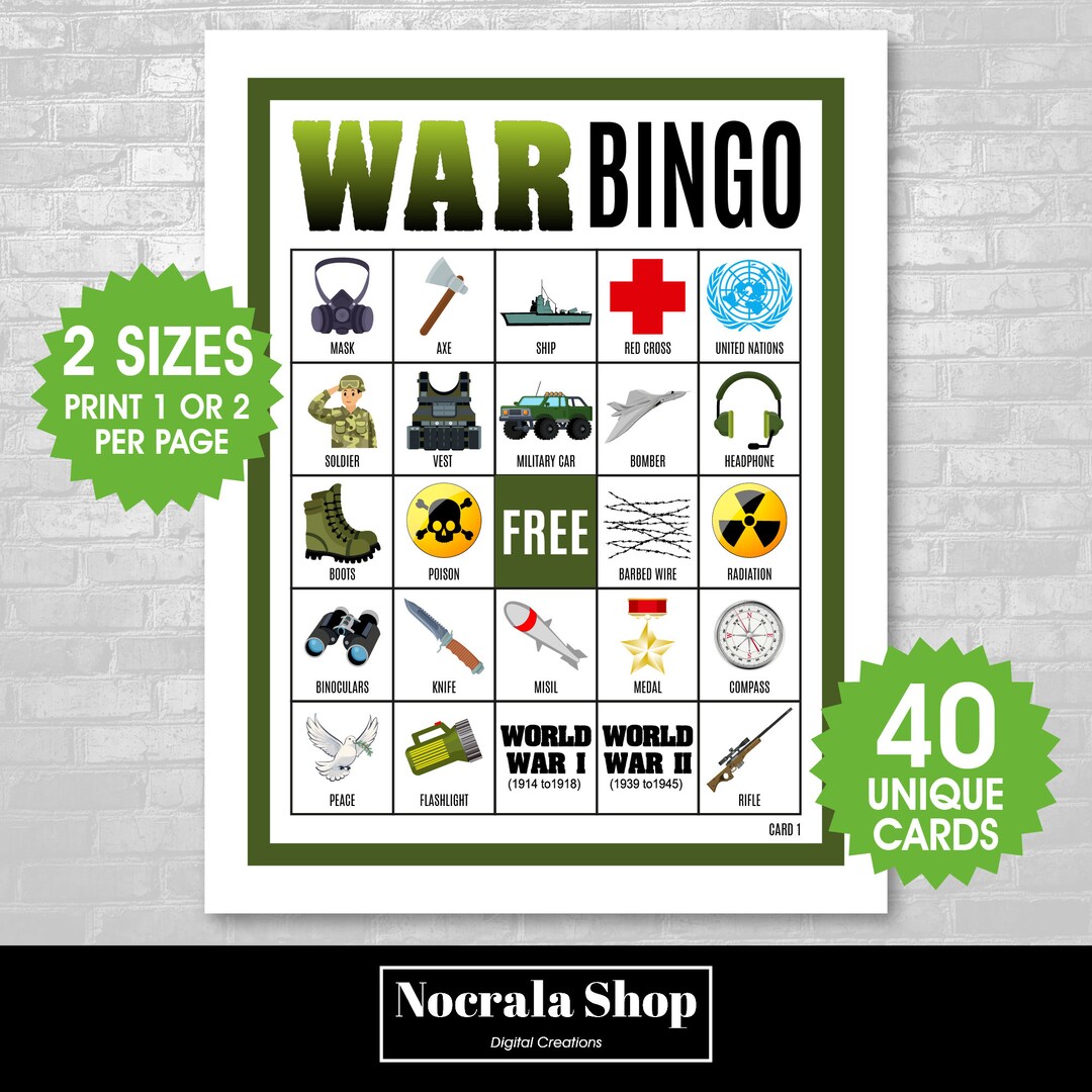 40 War Bingo Cards, 1 or 2 per Page, Memorial Day Bingo, Veteran's Day ...