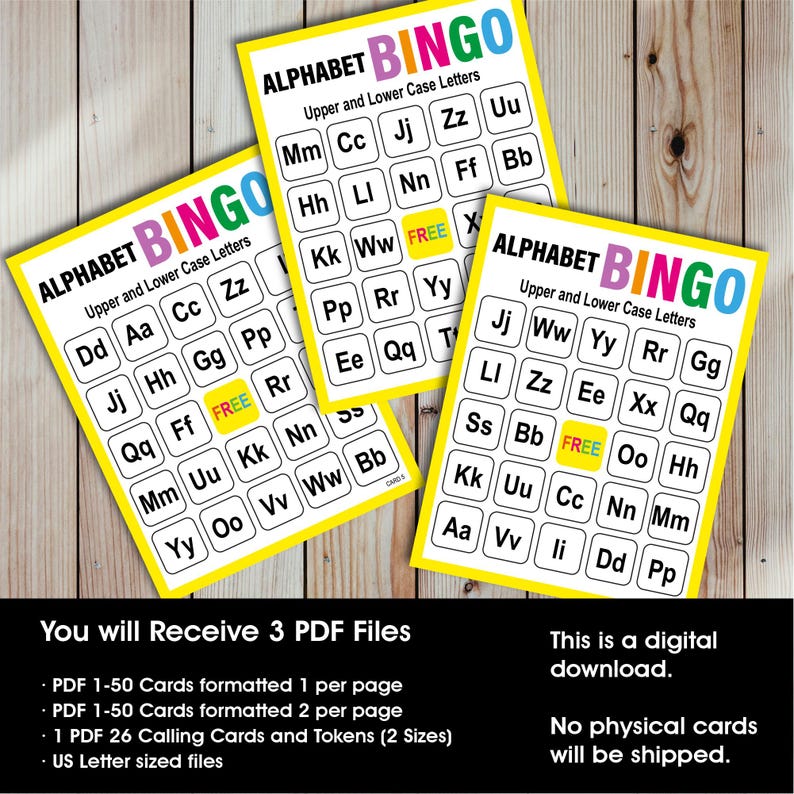 50 Alphabet Bingo Cards, Alphabet Worksheets, Preschool Classroom ...