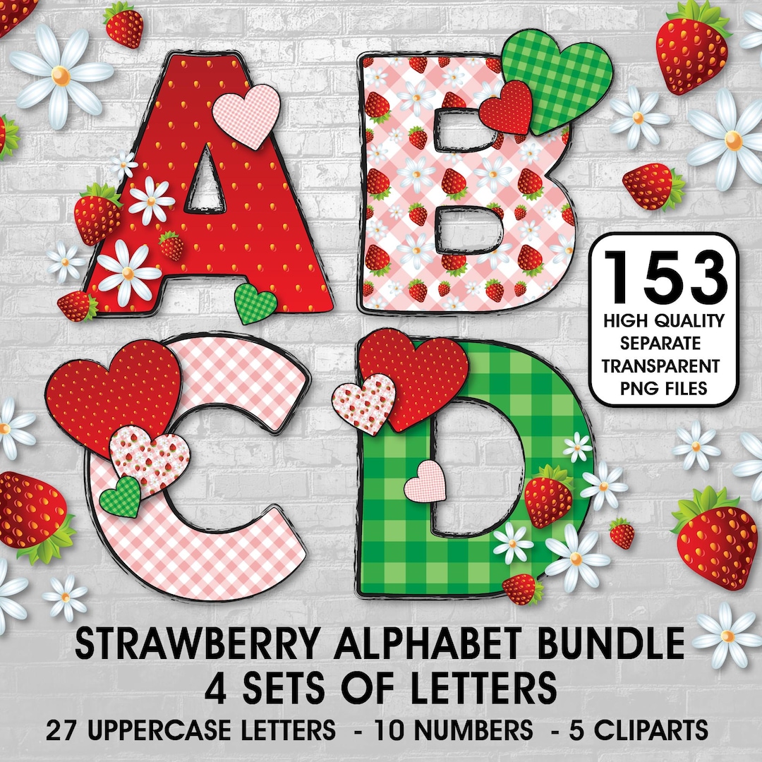 4 Strawberry Alphabets Clipart, PNG Digital Clip Art, Strawberry ...