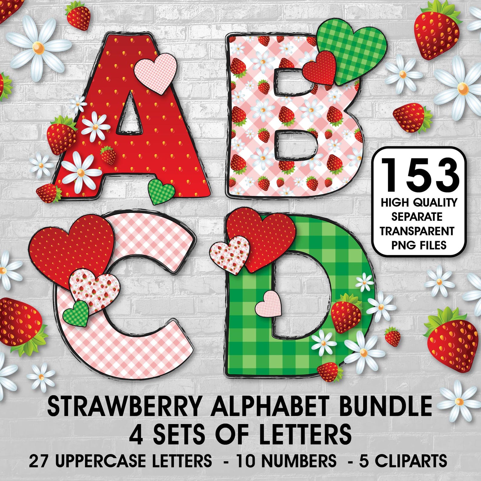 4 Strawberry Alphabets Clipart, PNG Digital Clip Art, Strawberry ...