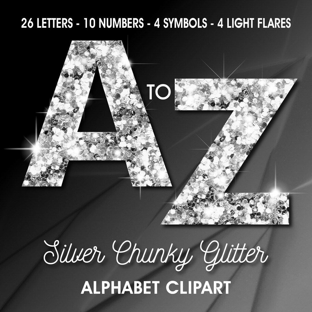 Silver Chunky Glitter Alphabet Clipart, PNG Digital Clip Art, Silver ...