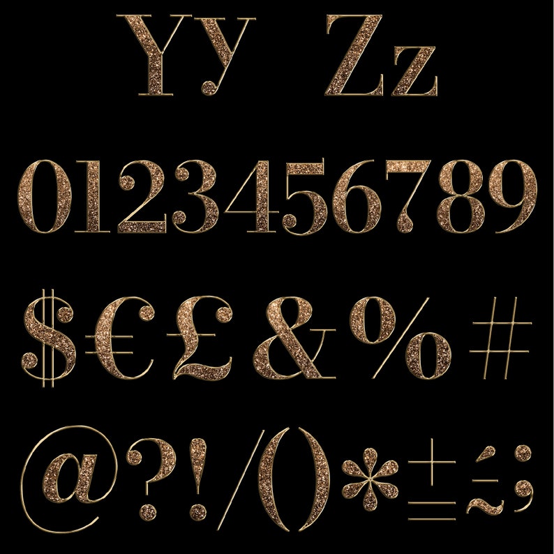 Gold Glitter Alphabet Clipart, Shiny Letters, Numbers, Symbols (digital ...