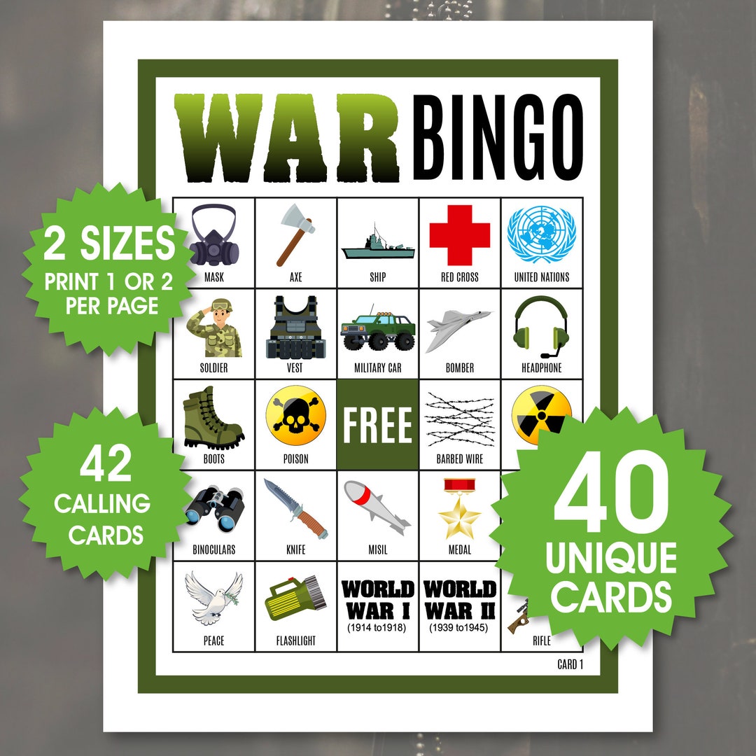 40 War Bingo Cards, 1 or 2 per Page, Memorial Day Bingo, Veteran's Day ...