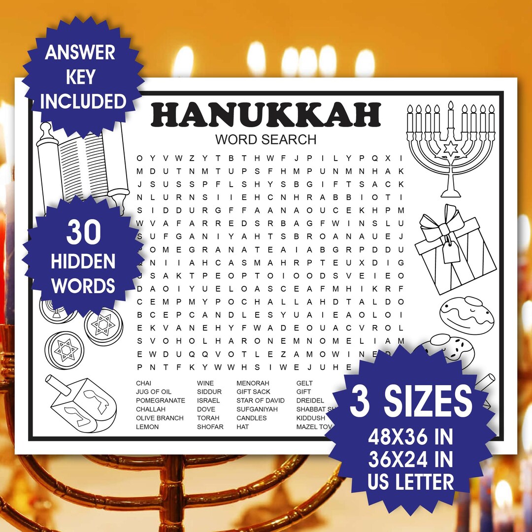 Giant Hanukkah Word Search, Hanukkah Game, Printable Hanukkah Search ...