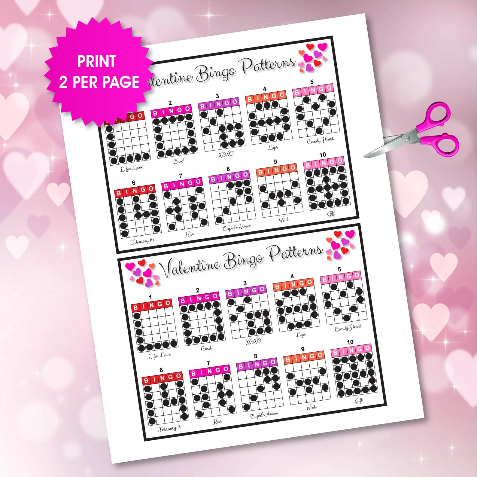Valentine Bingo Game, 10 Printable Patterns (PDF File) - Etsy