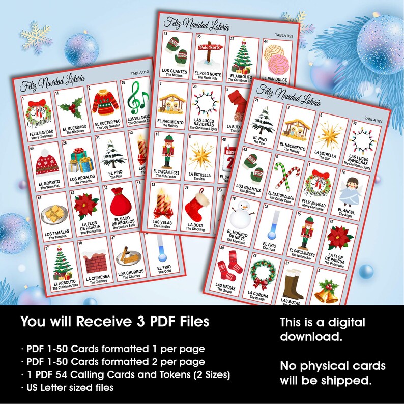 50 Christmas Lottery Cards, Loteria De Navidad, Bilingual Holiday Bingo ...