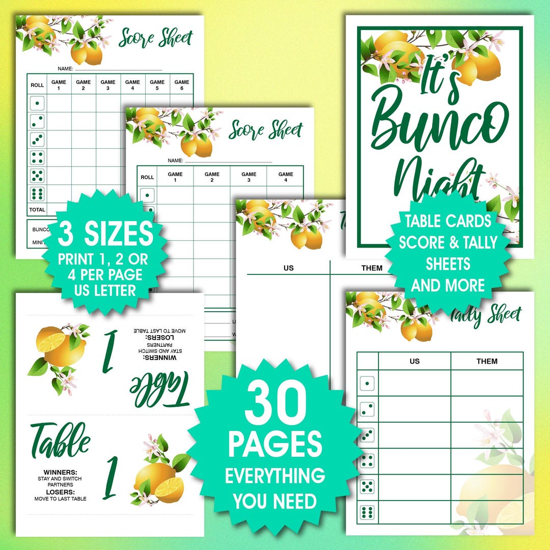 Lemon BUNCO Bundle, Score Cards, Tally Sheets, Name Tags, Table Cards ...