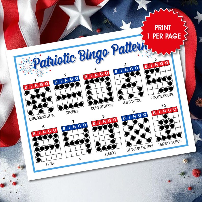 10 Patriotic Bingo Patterns, Printable Bingo Tournament, 4th of July ...