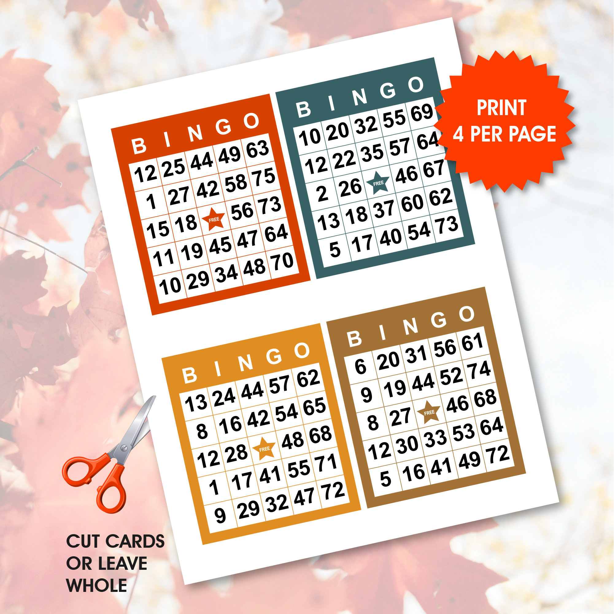 300 Autumn Colors Bingo Cards, 1, 2, or 4 per Page, Fun Party Game ...