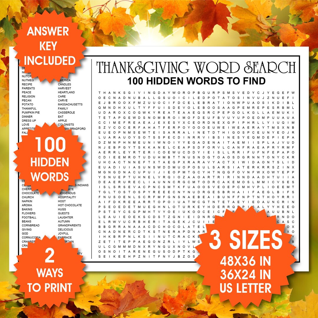 Giant Thanksgiving Word Search, Thanksgiving Fun Game, Printable Word ...