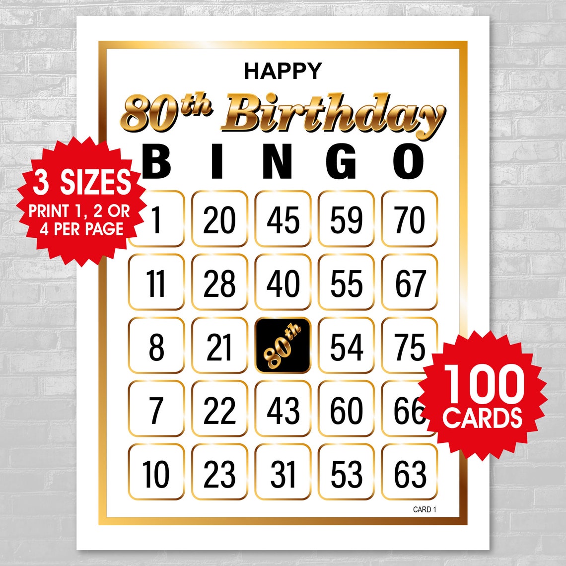 100 Happy 80th Birthday Bingo Cards, 1, 2 or 4 per Page, Fun Party Game ...