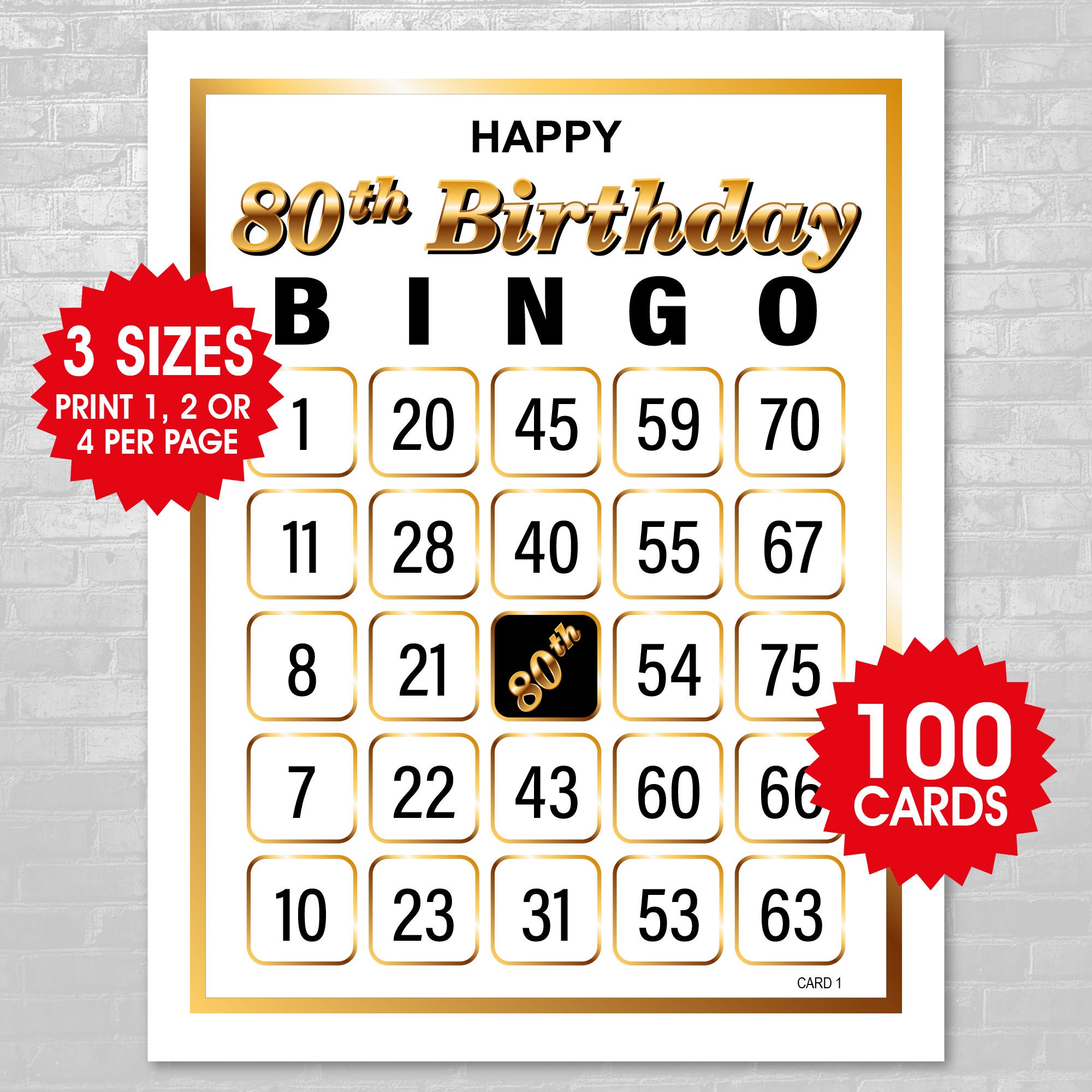 100 Happy 80th Birthday Bingo Cards, 1, 2 or 4 per Page, Fun Party Game ...
