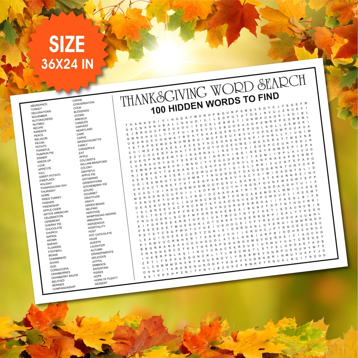 Giant Thanksgiving Word Search, Thanksgiving Fun Game, Printable Word ...
