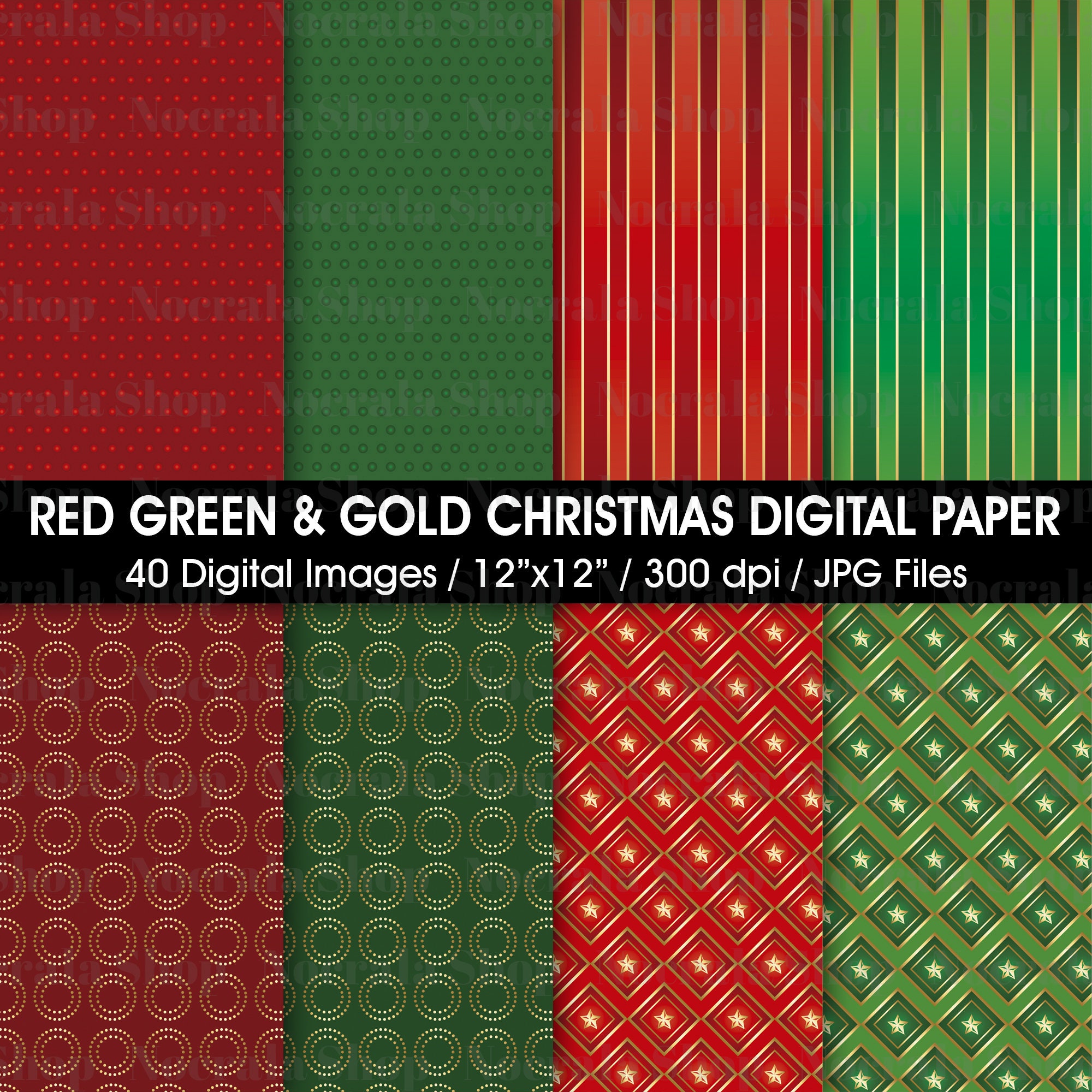 Red, Green and Gold Christmas Digital Paper, Christmas Scrapbook Papers ...