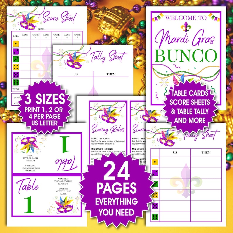 Mardi Gras Bunco Game Bundle, Carnival Party, Score Cards (PDF Download ...