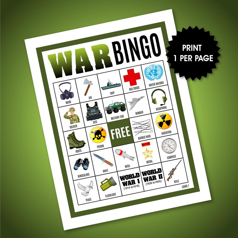 40 War Bingo Cards, 1 or 2 per Page, Memorial Day Bingo, Veteran's Day ...