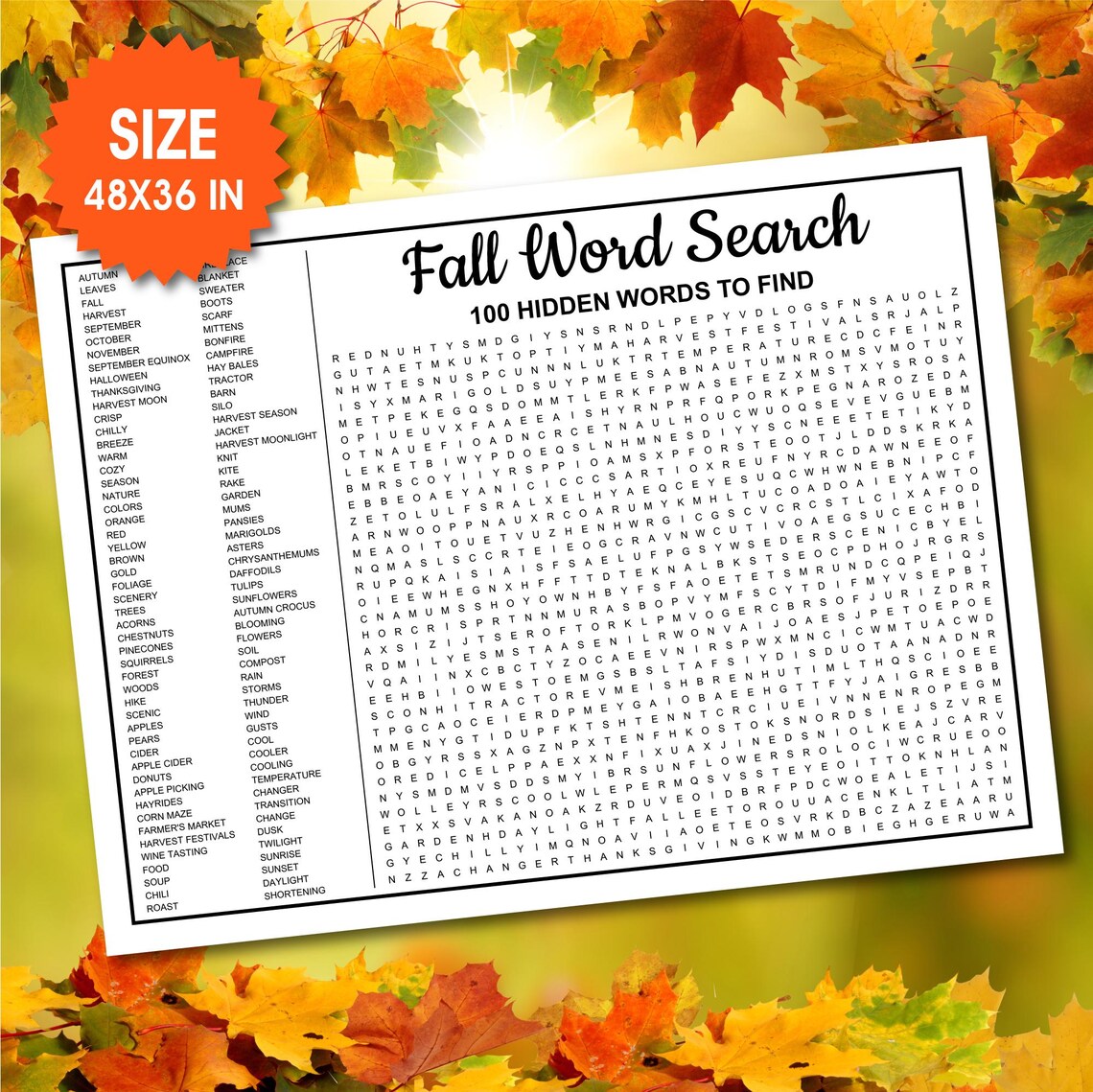 Giant Fall Word Search, Autumn Fun Game, Printable Fall Word Search ...