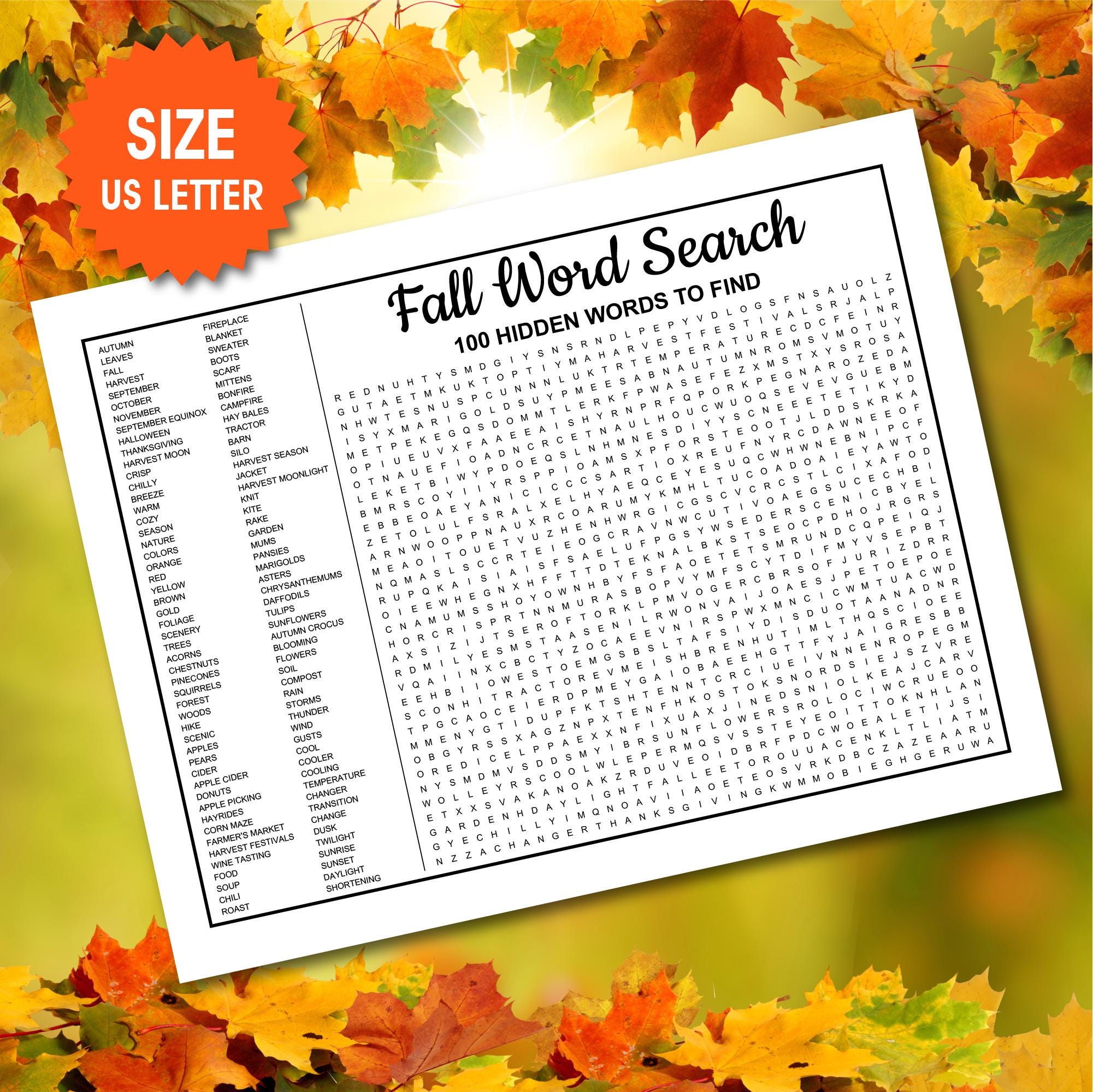 Giant Fall Word Search, Autumn Fun Game, Printable Fall Word Search ...