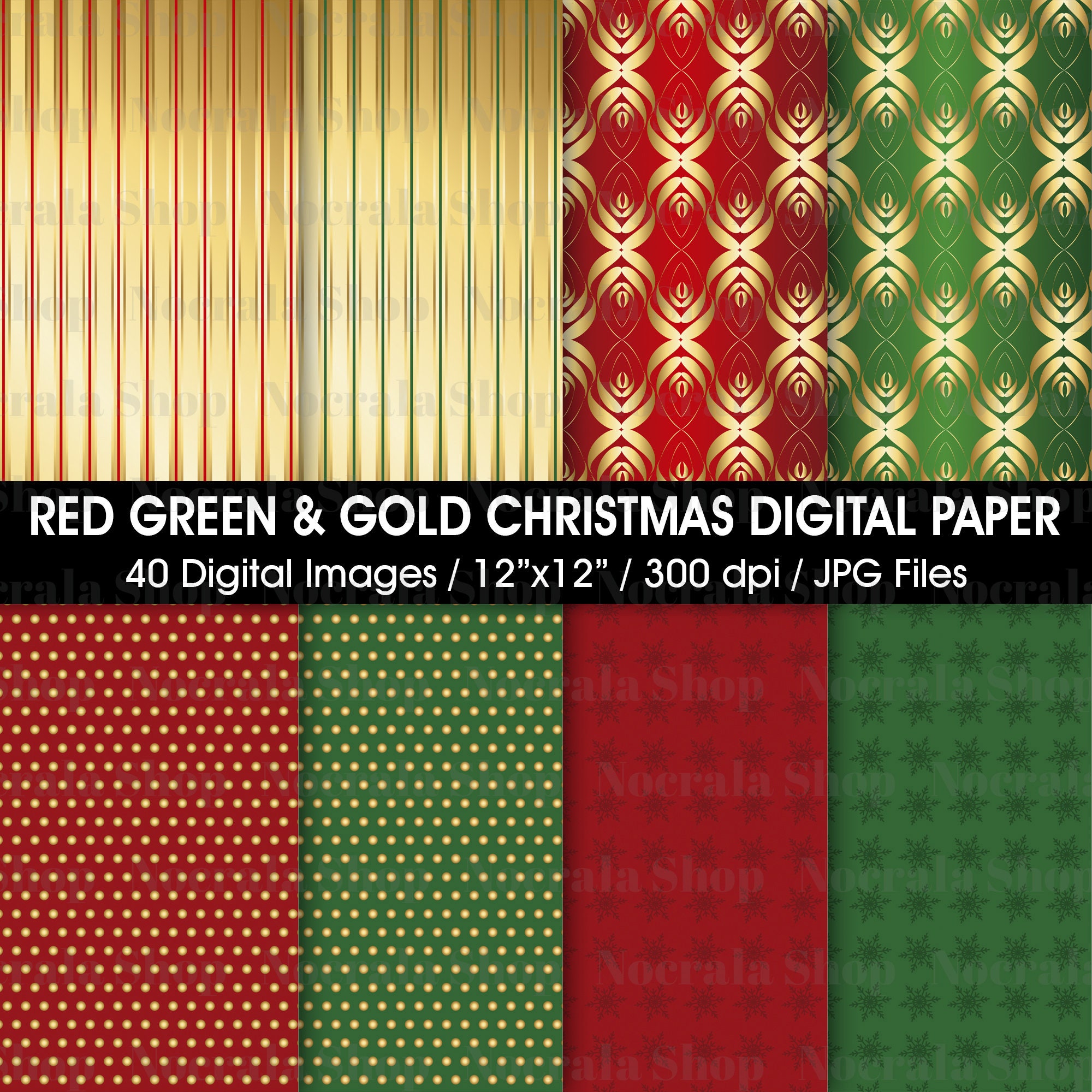 Red, Green and Gold Christmas Digital Paper, Christmas Scrapbook Papers ...