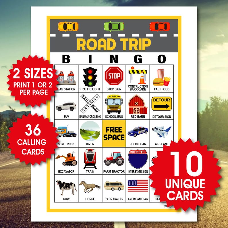 10 Road Trip Bingo Cards, Road Trip Bingo, Travel Theme Game, Kids ...