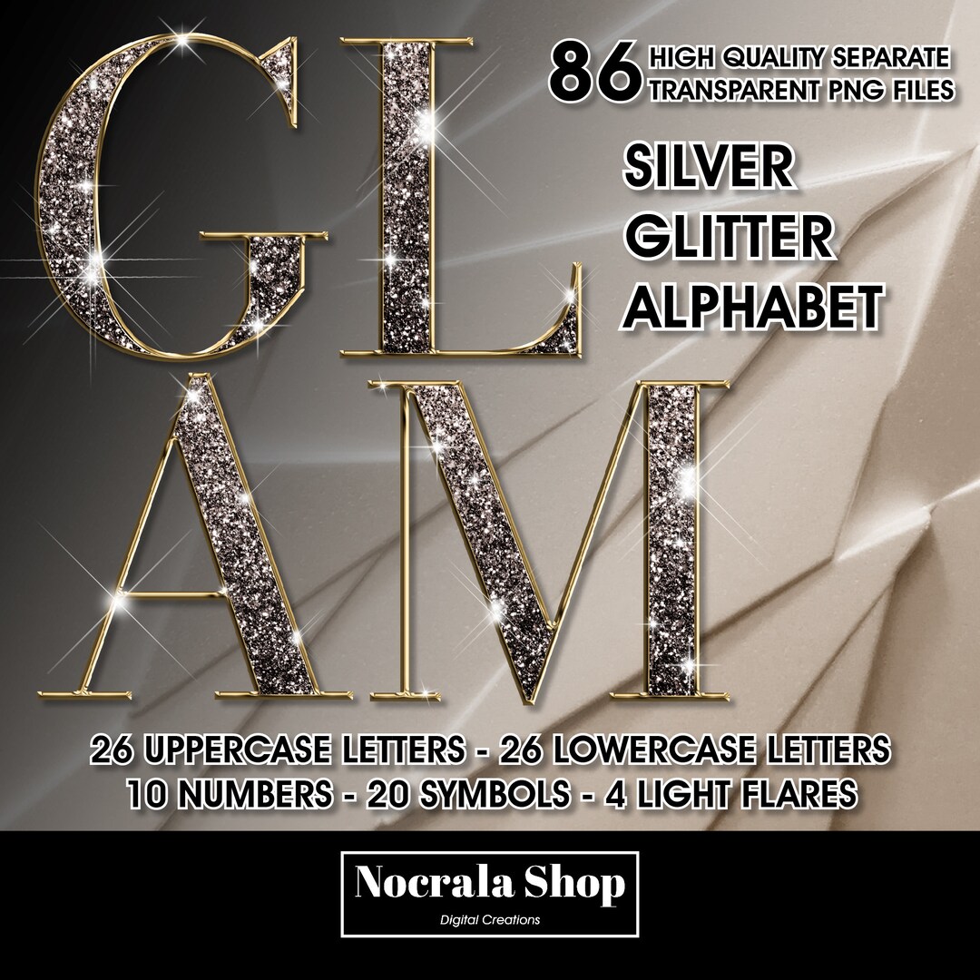 Silver Glitter Alphabet Clipart, Glam Letters and Numbers (digital ...
