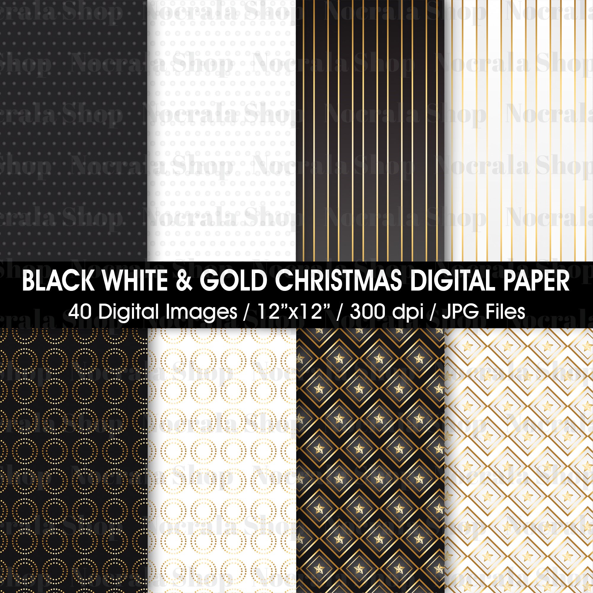Black, White and Gold Christmas Digital Paper, Christmas Scrapbook ...
