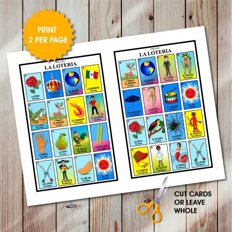 50 Cartones de Lotería para Niños, Lotería Bilingüe en Español e Inglés ...