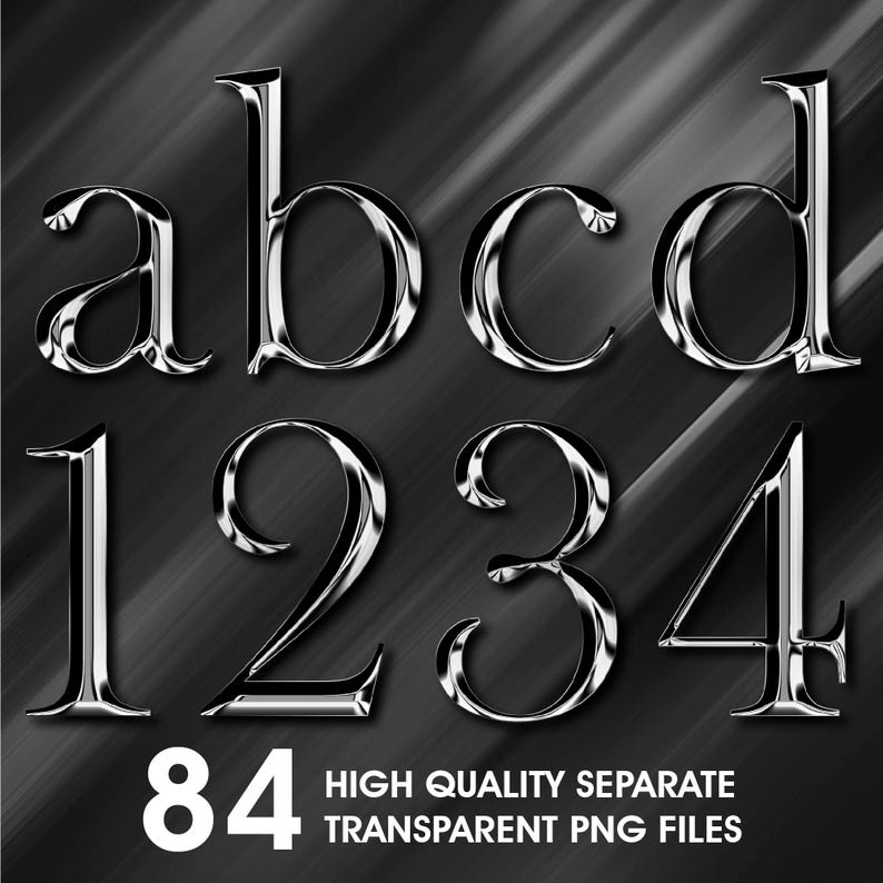 Silver Chrome Alphabet Clipart, PNG Letters, Numbers, Symbols (digital ...