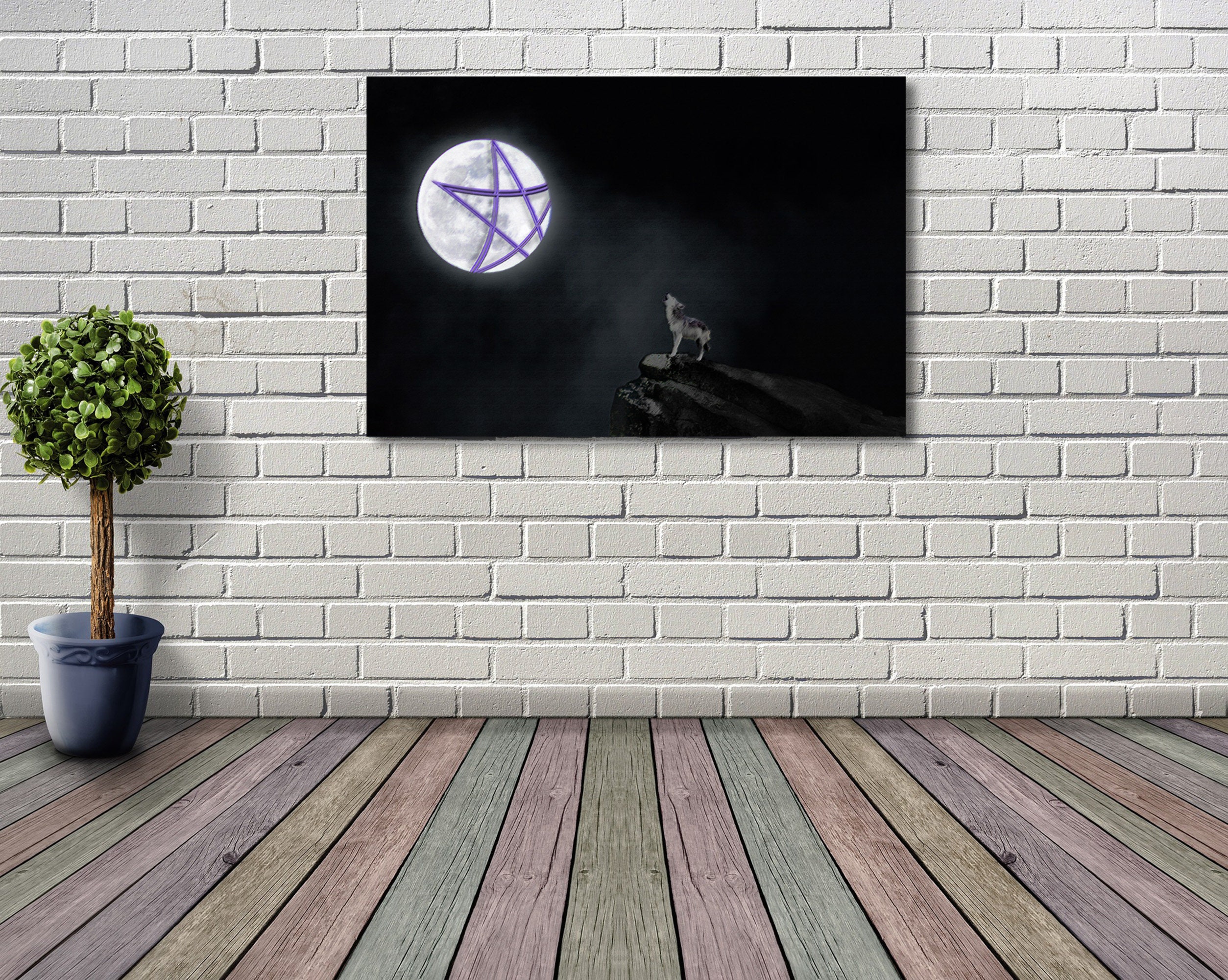 Wolf Howling at Full Moon, Wicca Pentacle Matte Canvas - Etsy