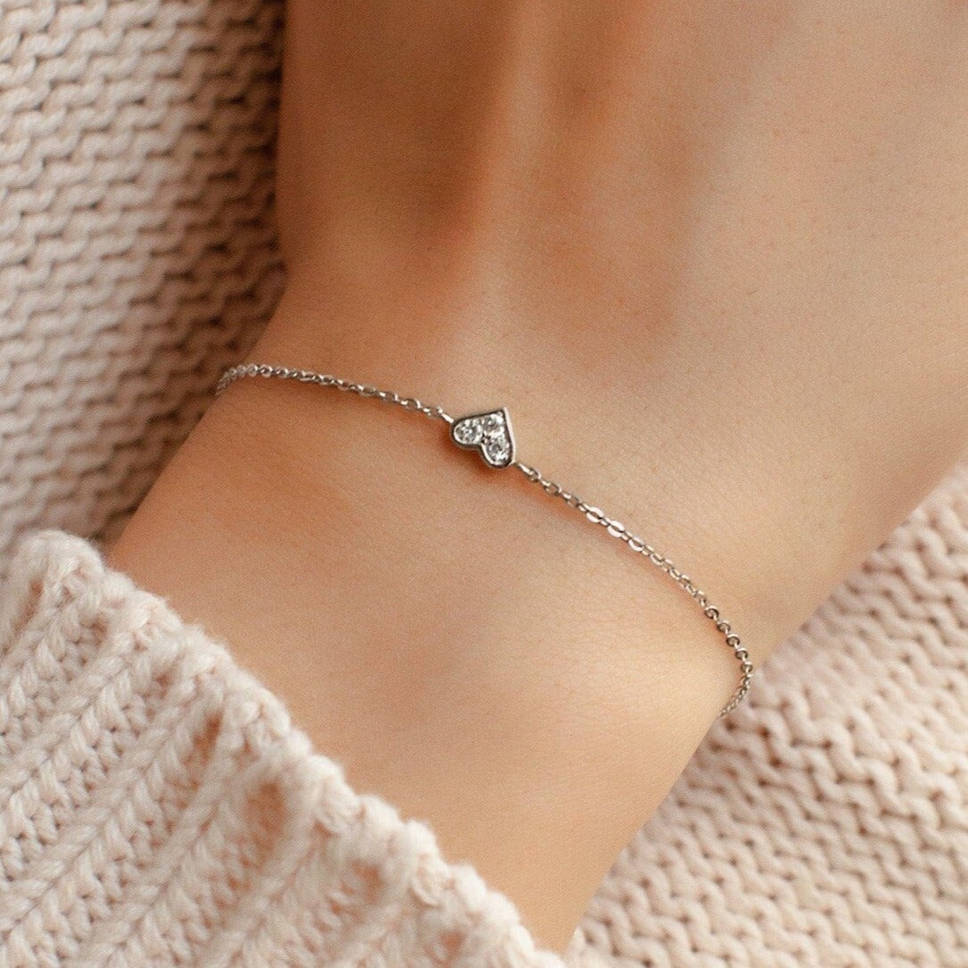 Dainty Sterling Silver Heart Bracelet With CZ Diamonds - Etsy