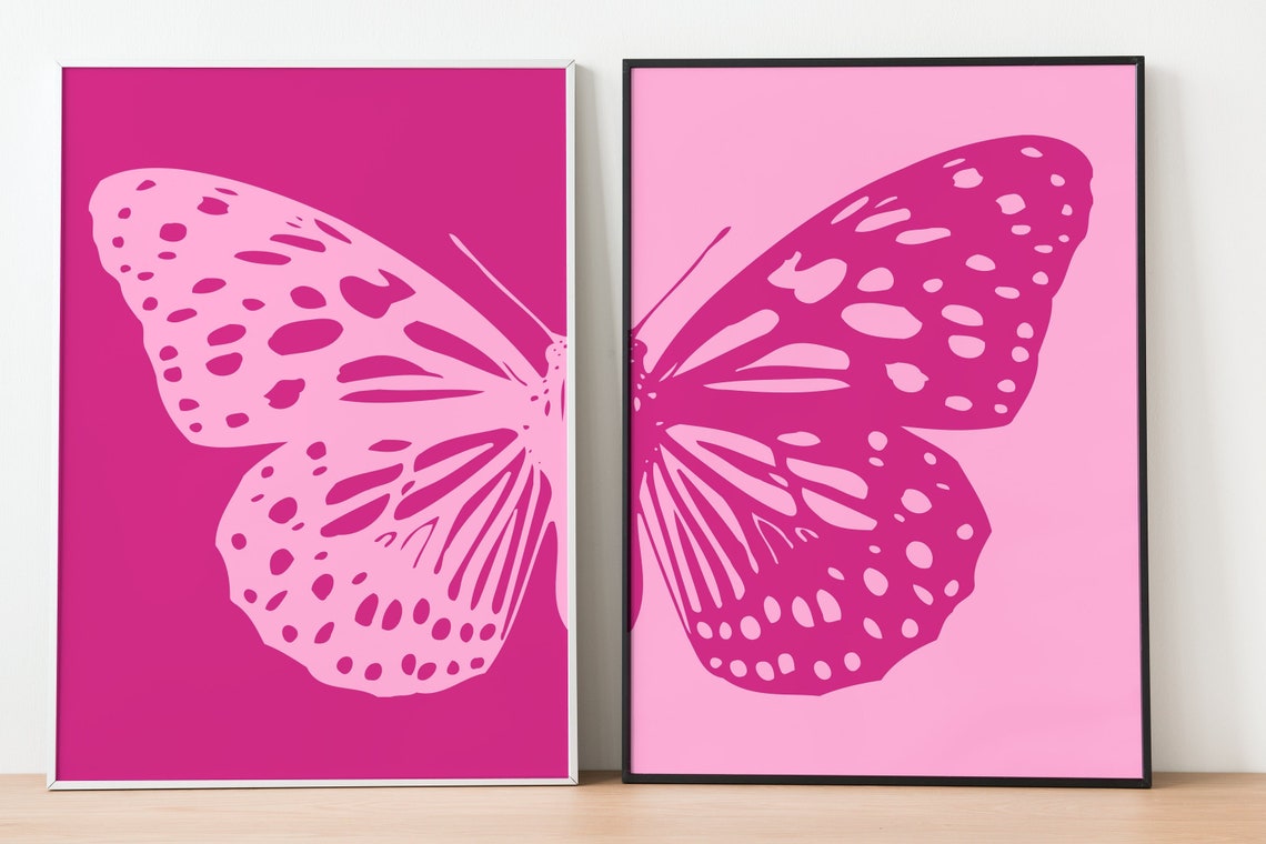 Pink Butterfly Poster Set of 2, Vibrant Butterfly Art, 2 Pink Posters ...