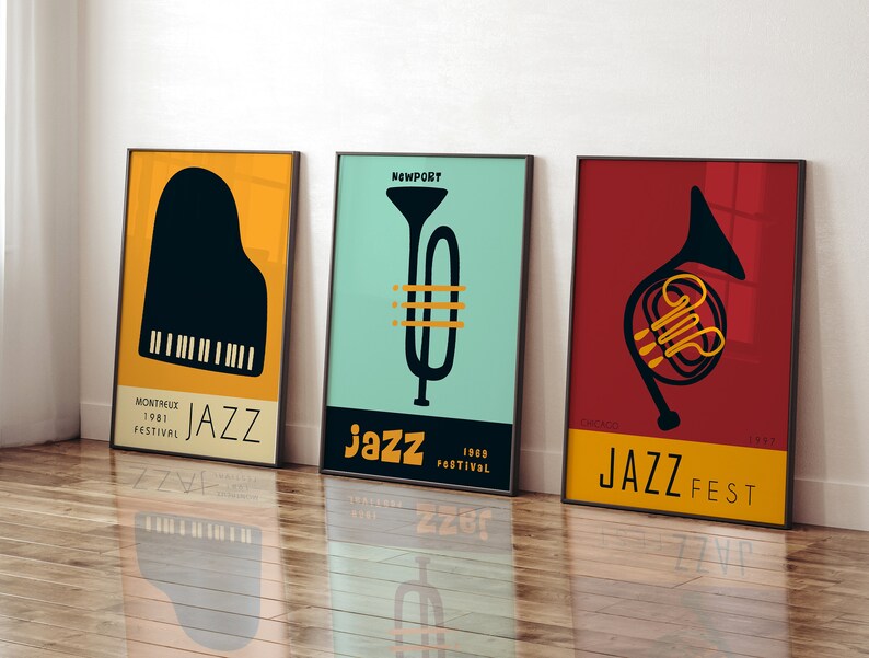 Set of 3 Jazz Festival Prints, Music Fest Posters, Elegant Colorful ...